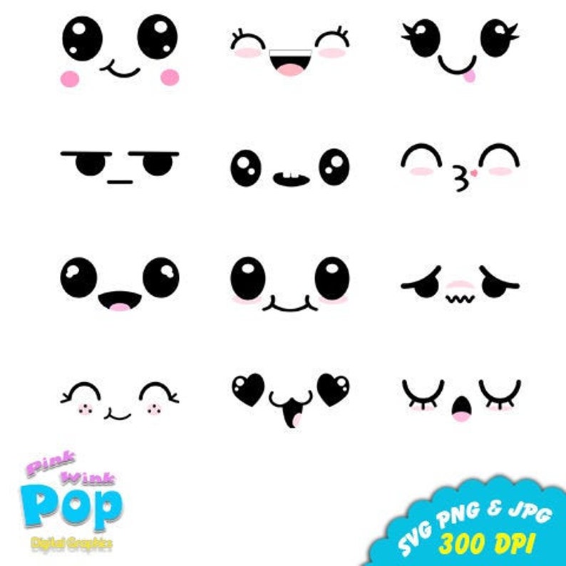 Kawaii Faces SVG PNG JPG vecteur mignon visages licence commerciale ...