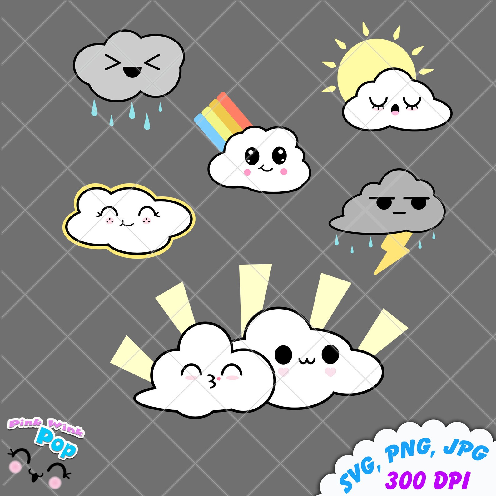 Kawaii Clouds SVG PNG JPG Vector Weather for Cut Files Stickers ...