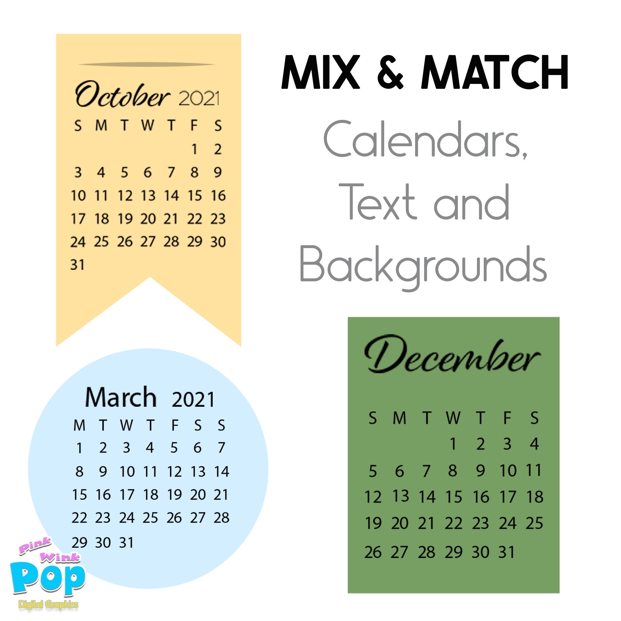 2021 Mini Calendar PNG Monthly Calendar Kit Digital Stickers Clipart ...