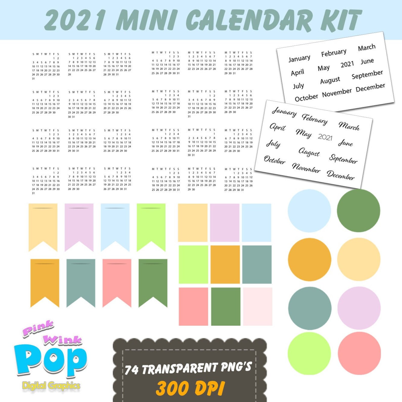 2021 Mini Calendar PNG Monthly Calendar Kit Digital Stickers Clipart ...