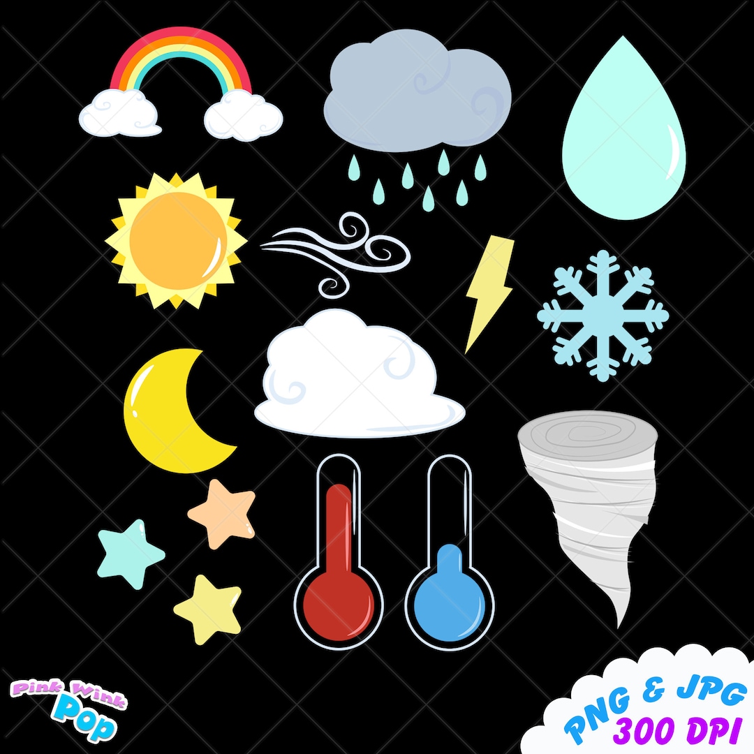 Weather PNG JPG Clipart Clouds Lightning Rain Instant Download Stickers ...