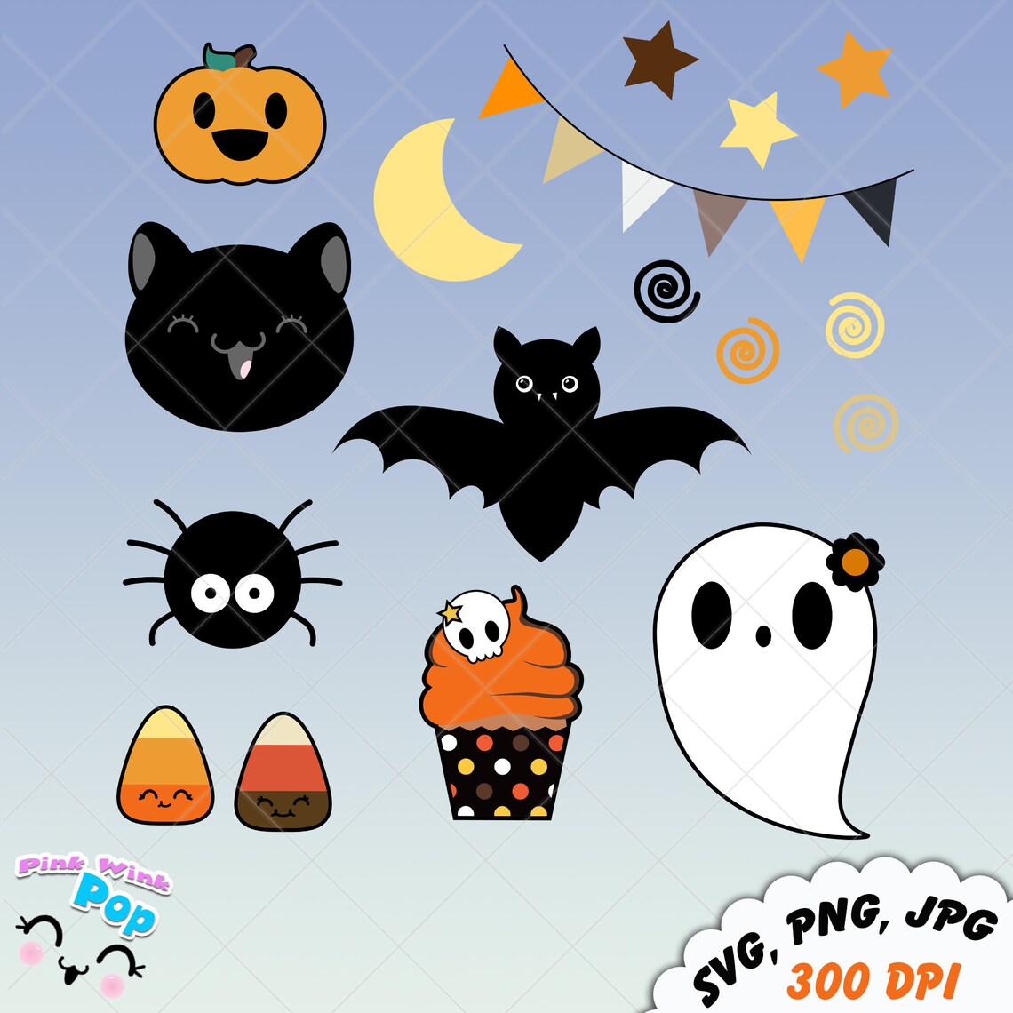 Halloween Kawaii SVG PNG JPG Vector Cute for Cut Files Stickers ...