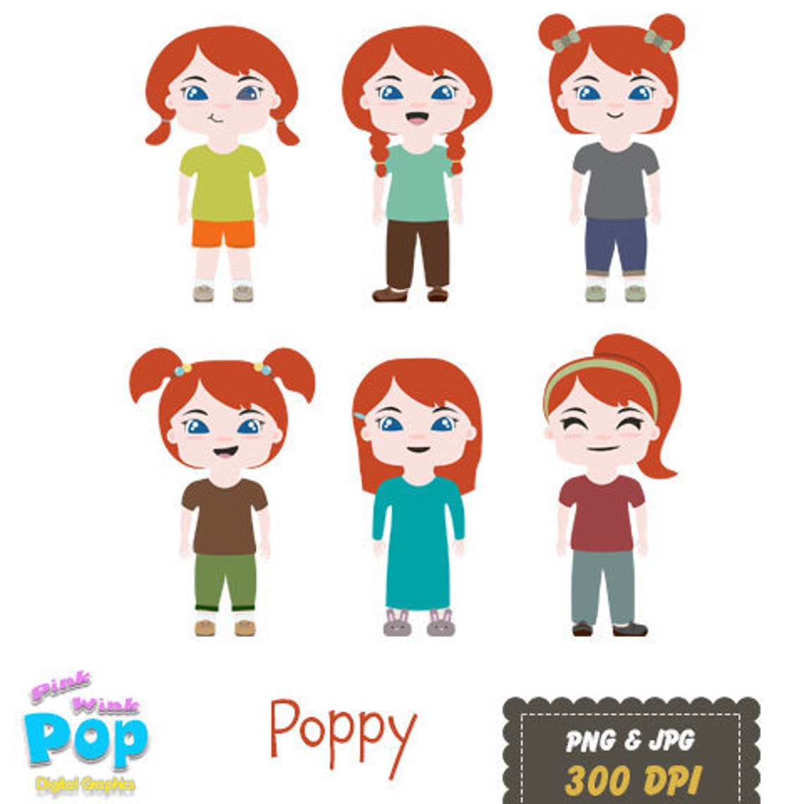 Poppy Girl Clipart PNG JPG Redhead Cartoon Kid Commercial License ...