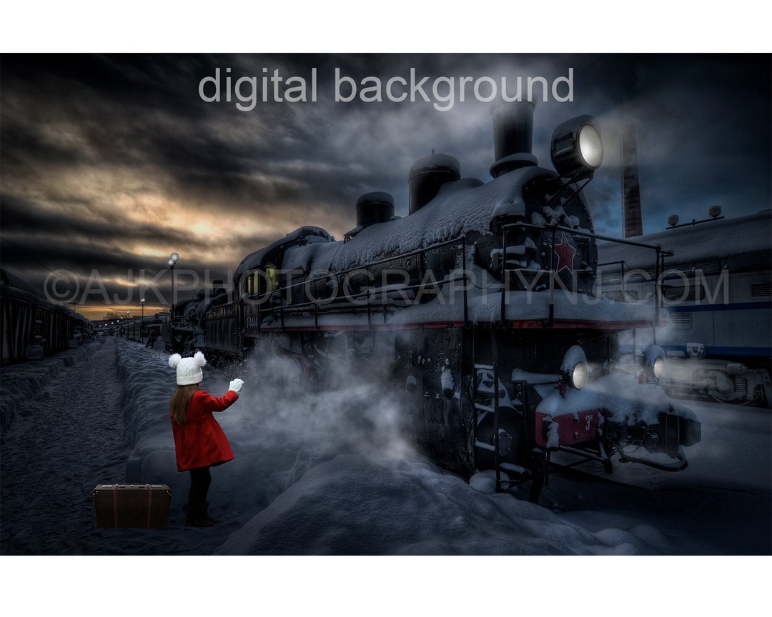 Winter Digital Backdrop, Train at Station, Snow on Ground, Suitcase in ...