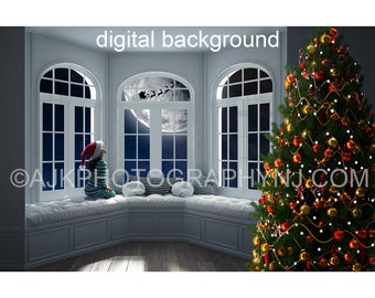 Christmas Window Digital Background 8 Santa Flying in Sleigh - Etsy