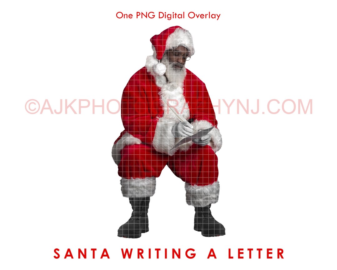 Black Santa Sitting Writing a Letter, PNG Digital Overlay, Christmas ...
