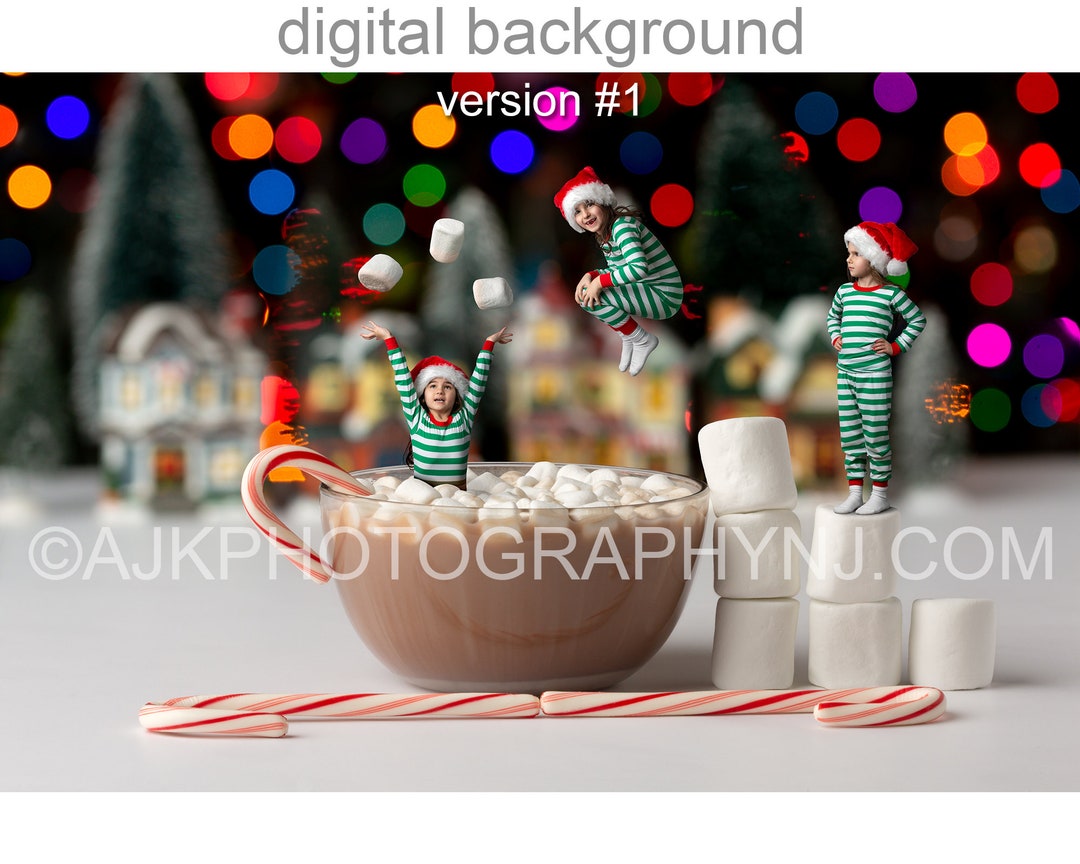 Christmas Digital Backdrop, Hot Chocolate in Bowl With Candy Canes and ...