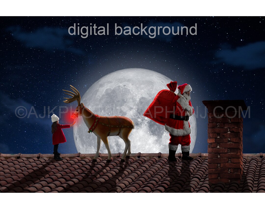 Child Feeding Rudolph on Roof and Santa Holding Bag of Toys Christmas ...