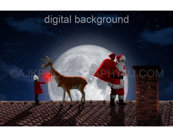 Child Feeding Rudolph on Roof and Santa Holding Bag of Toys | Etsy
