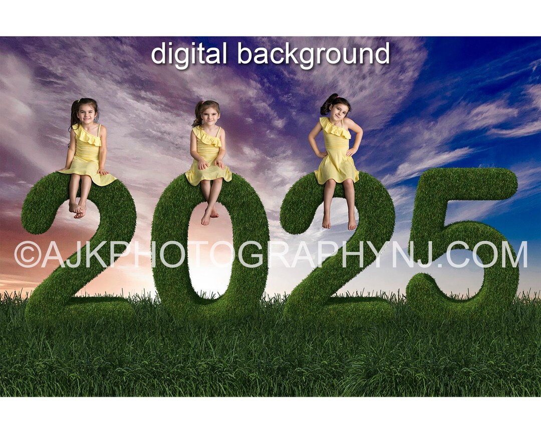 2025 New Years Digital Backdrop, Grass Letters, Grass Field, Blue Sky ...