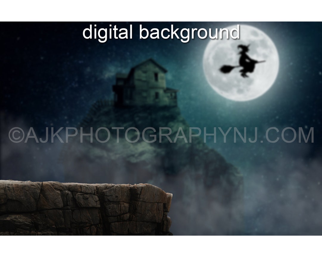 Halloween Digital Background, a Witch Flying Across the Moon Above a ...