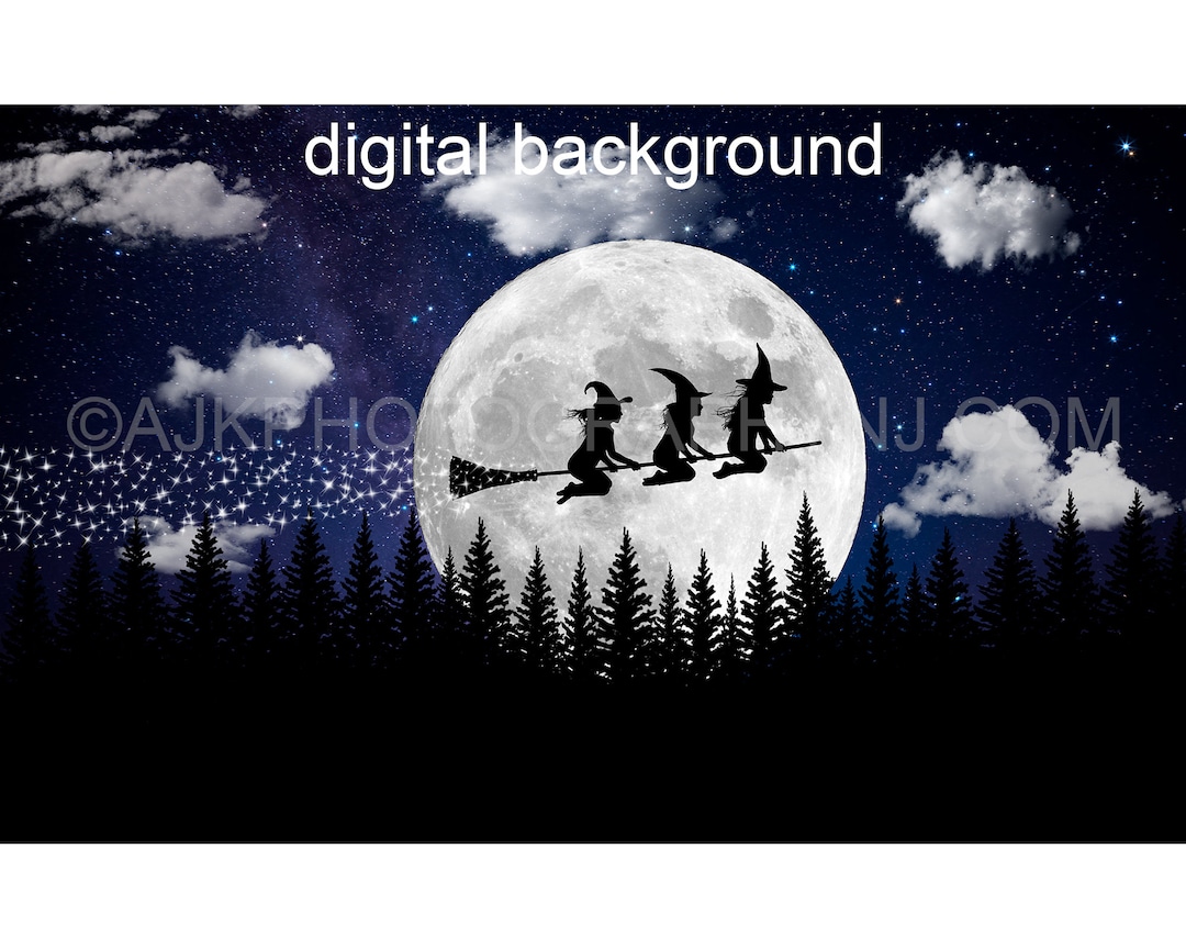 Silhouette Digital Backdrop, Witch on Broomstick Flying in Front of the ...