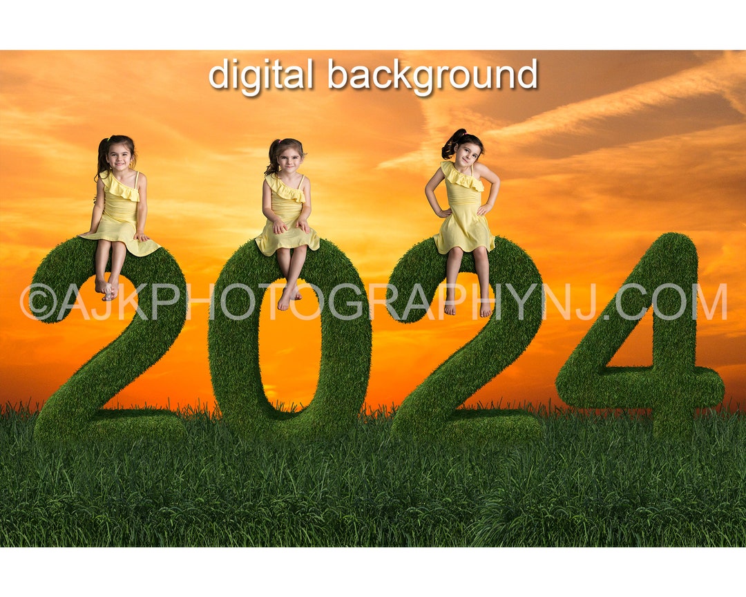 2024 New Years Digital Backdrop, Grass Letters, Grass Field, Golden ...