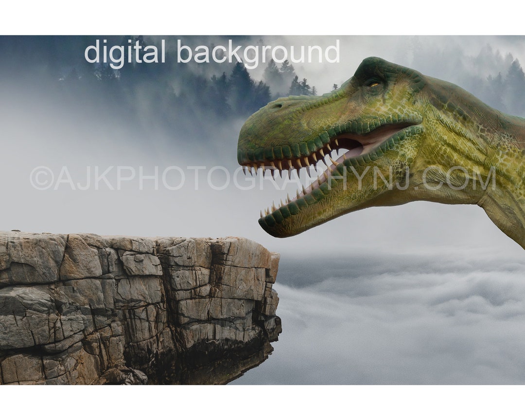Dinosaur Digital Backdrop, T-rex by Edge of Cliff, Misty Mountains ...