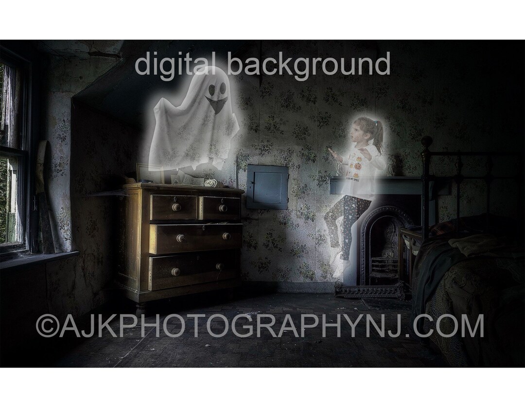 Halloween Digital Backdrop, Ghost Floating in Spooky Room, Digital ...