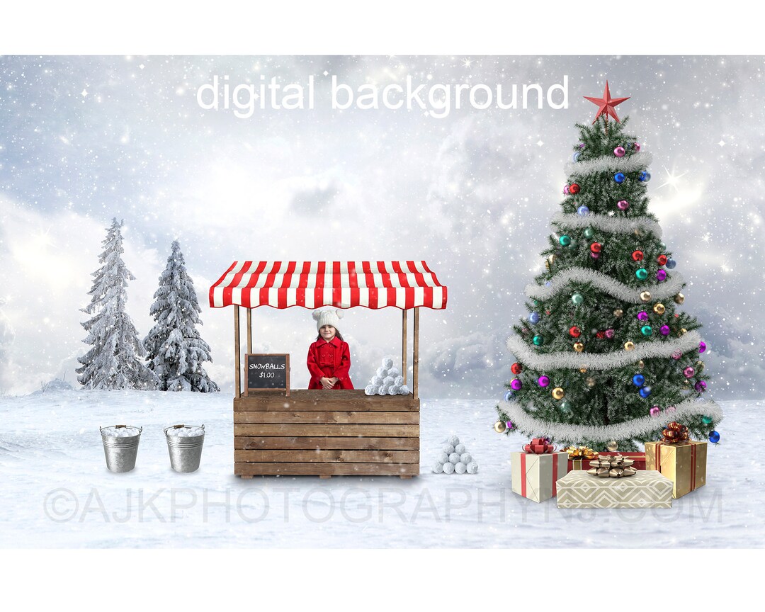 Winter Digital Backdrop, Child Selling Snowballs, Snowball Market Booth ...