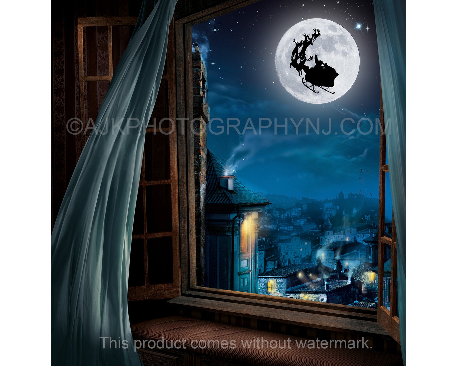 Christmas Window Digital Background Santa Flying in Sleigh - Etsy
