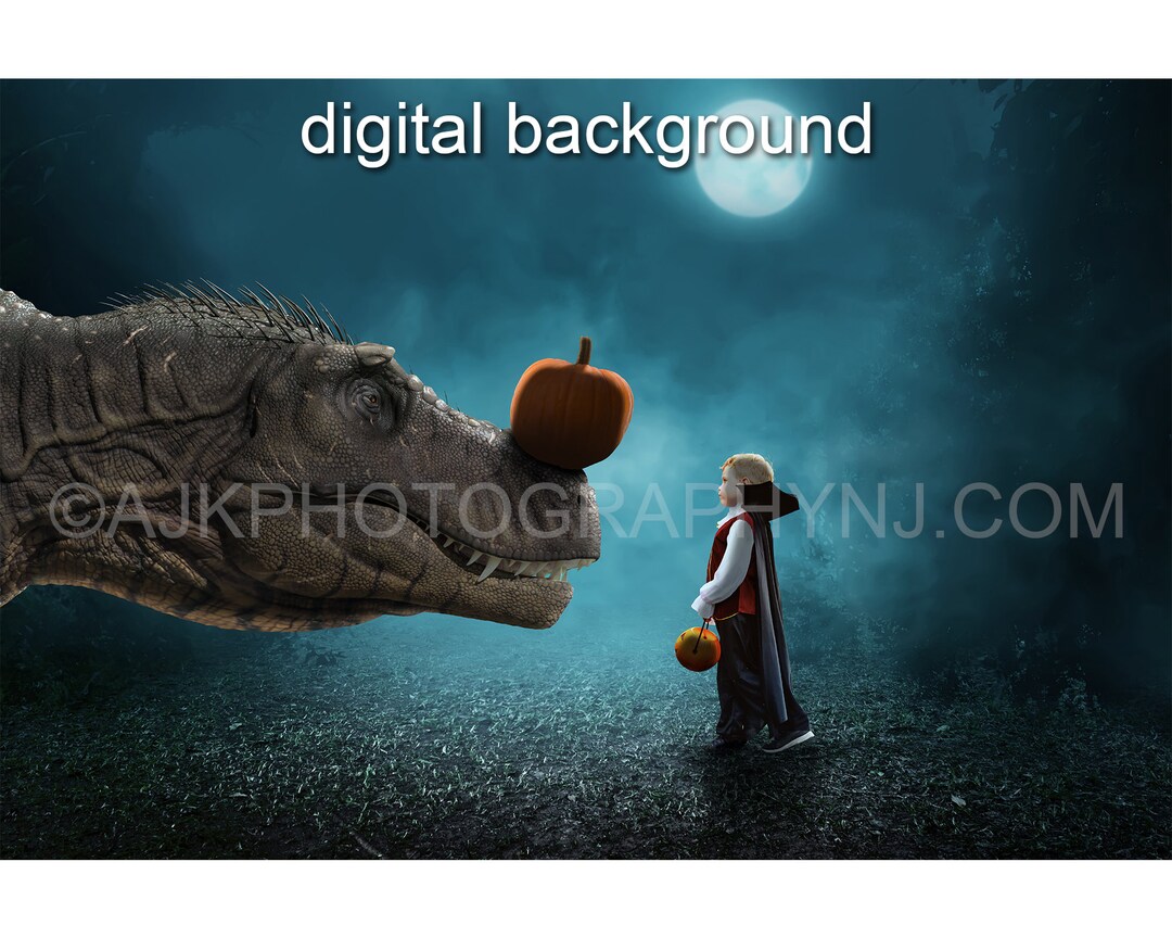 Halloween Digital Background, T-rex Dinosaur With Pumpkin on It's Nose ...