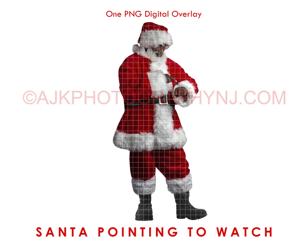 Black Santa Pointing to Watch, PNG Digital Overlay, Christmas ...