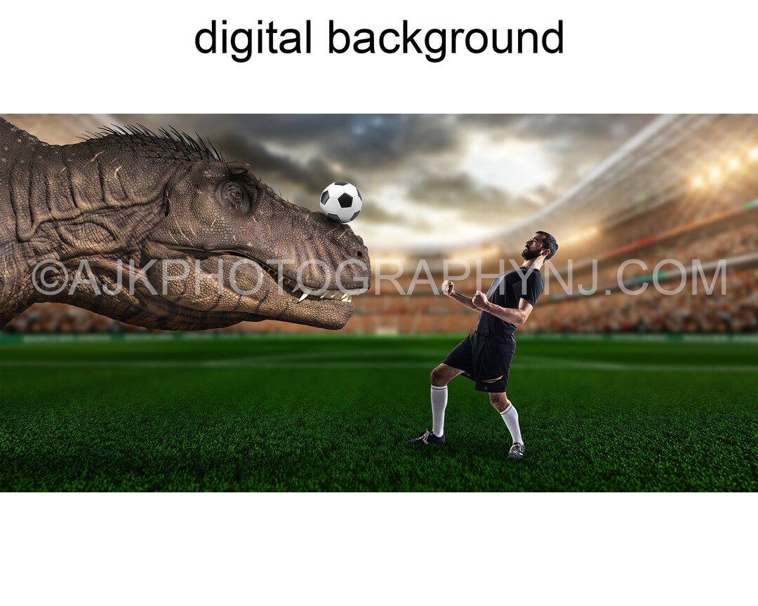 Dinosaur Digital Background, T-rex Dinosaur With Soccer Ball on Nose ...