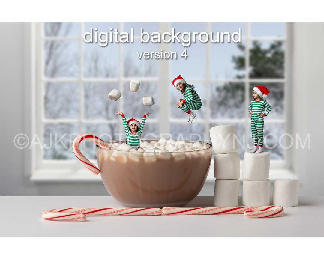 Christmas Digital Backdrop, Hot Chocolate in Bowl With Candy Canes and ...