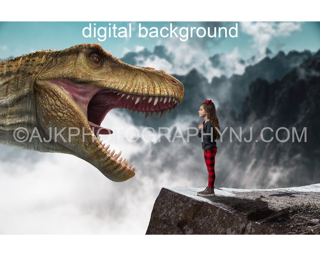 Dinosaur Digital Backdrop, T-rex by Edge of Cliff, Mountains ...