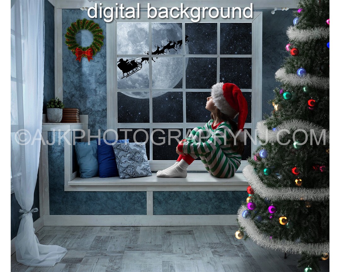 Christmas Window Digital Background, Santa Flying in Sleigh of Reindeer ...