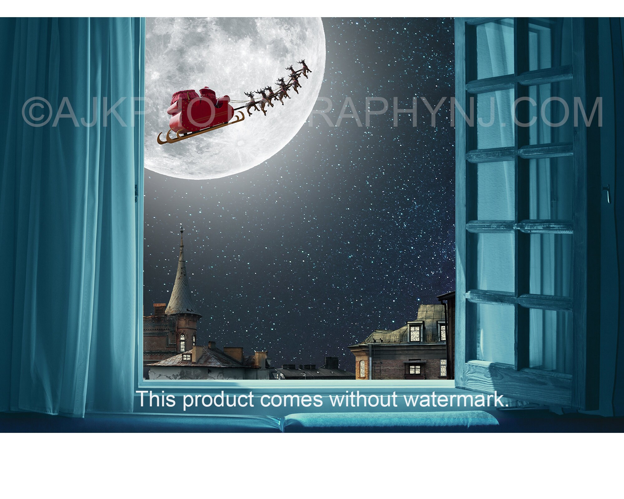 Christmas Window Digital Background Santa Flying in Sleigh - Etsy