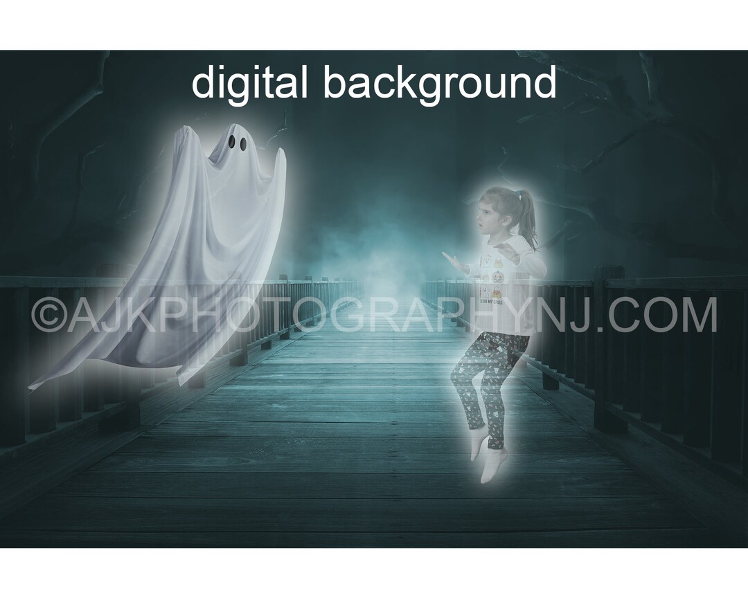 Halloween Digital Backdrop, Ghost Floating on Spooky Bridge, Digital ...