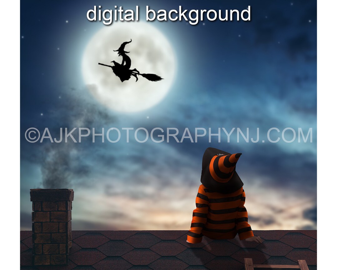 Witch on Broomstick Flying Across Moon Over a Rooftop Halloween Digital ...