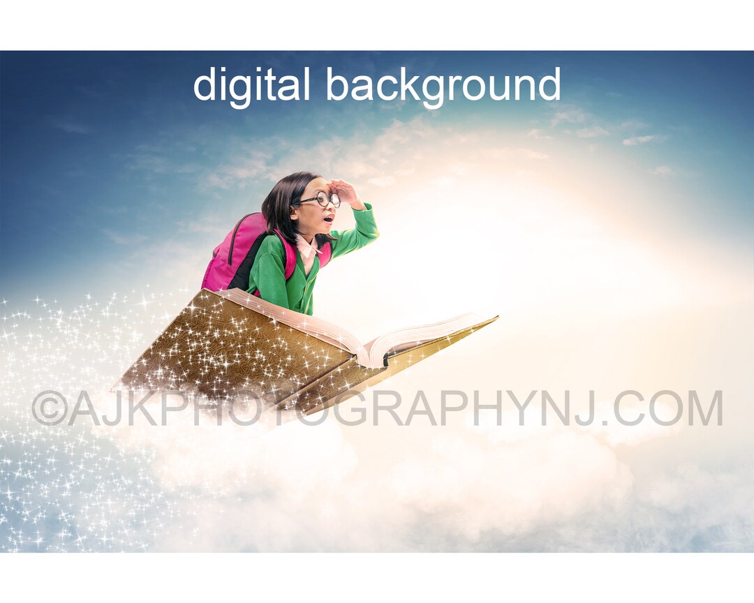 Magic Flying Book, Digital Background, Book in Clouds Digital Backdrop ...