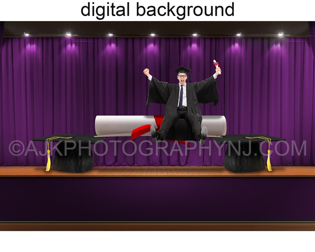 Graduation Digital Background, Giant Graduation Caps and Diploma, Stage ...