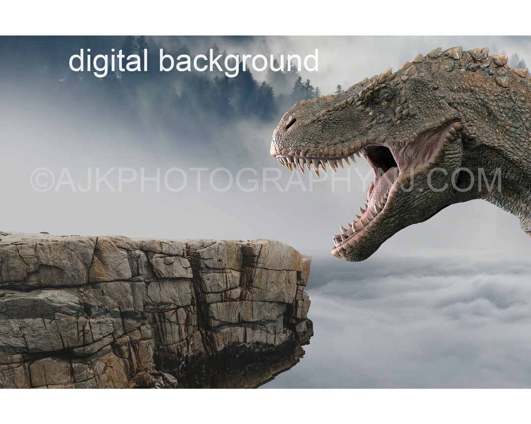 Dinosaur Digital Backdrop, T-rex by Edge of Cliff, Misty Mountains ...