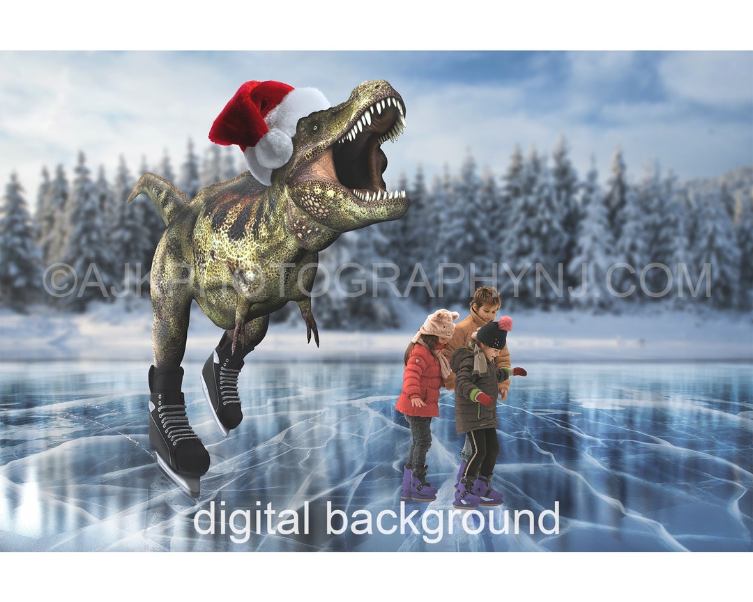 Winter Digital Backdrop, T Rex Dinosaur Ice Skating on Frozen Lake ...