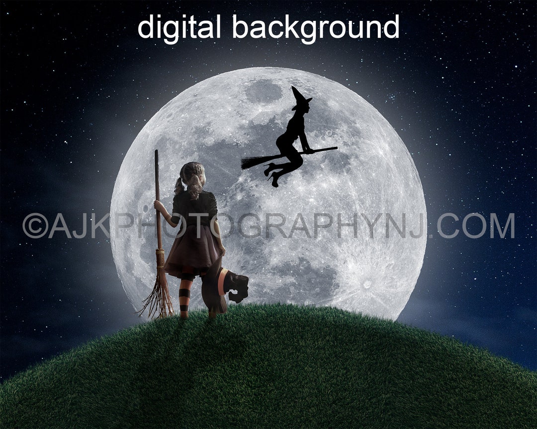 Witch on Broomstick Flying Across Moon Over Hill Halloween Digital ...
