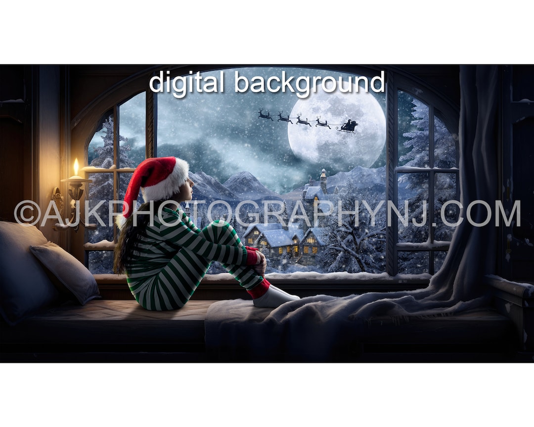 Christmas Window Digital Background, Santa Flying in Sleigh Across Moon ...