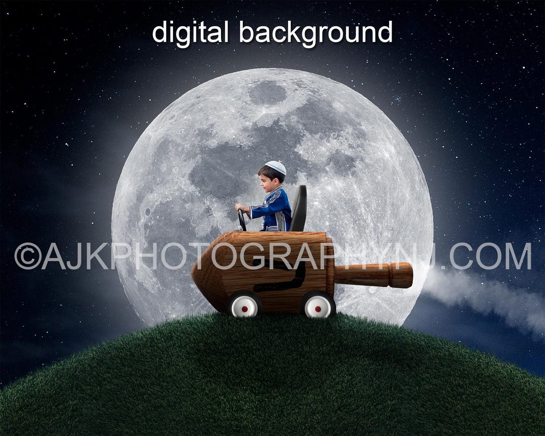 Dreidel Car on Hill in Front of Moon, Hanukkah Digital Backdrop ...