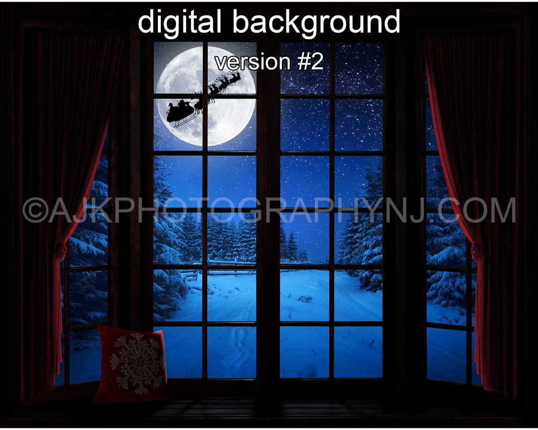 Christmas Window Digital Background, Santa Flying in Sleigh Across Moon ...