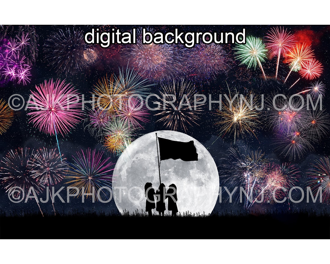 Fourth of July Digital Background, Fireworks in Sky, Large Moon ...