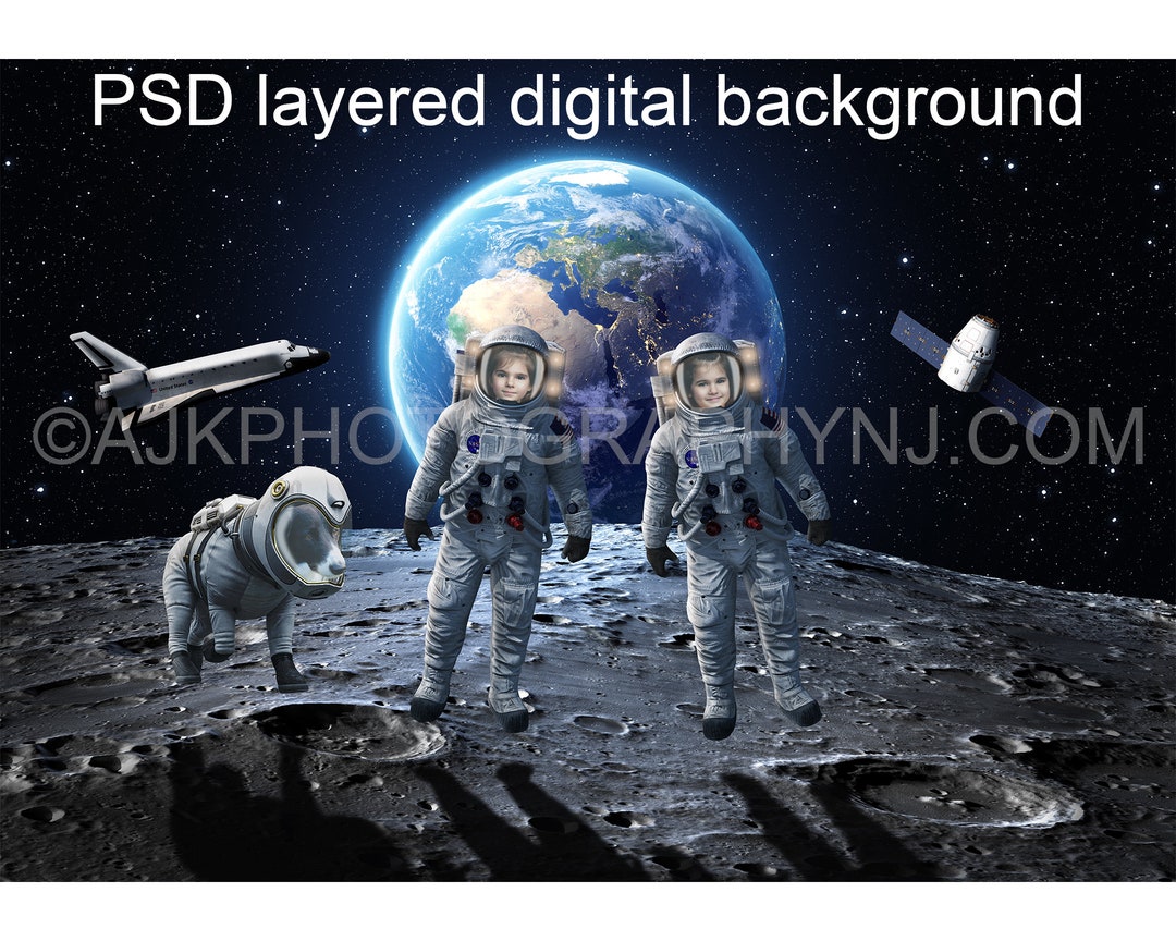 Astronaut Digital Background, Two Astronauts and a Dog in Outer Space ...