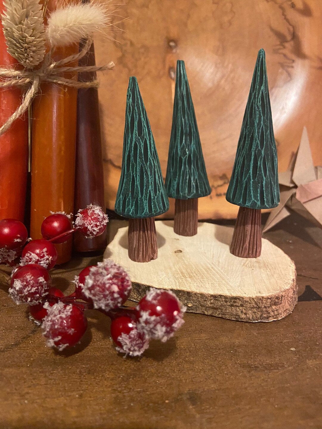 Set of Three Decorated Whittled Trees - Etsy