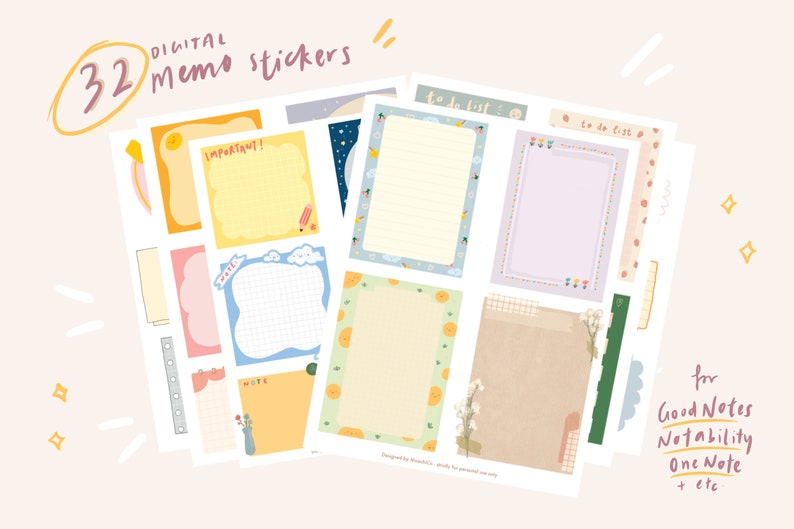 32 Cute Digital Sticky Notes | Memo Stickers | Goodnotes Stickers ...