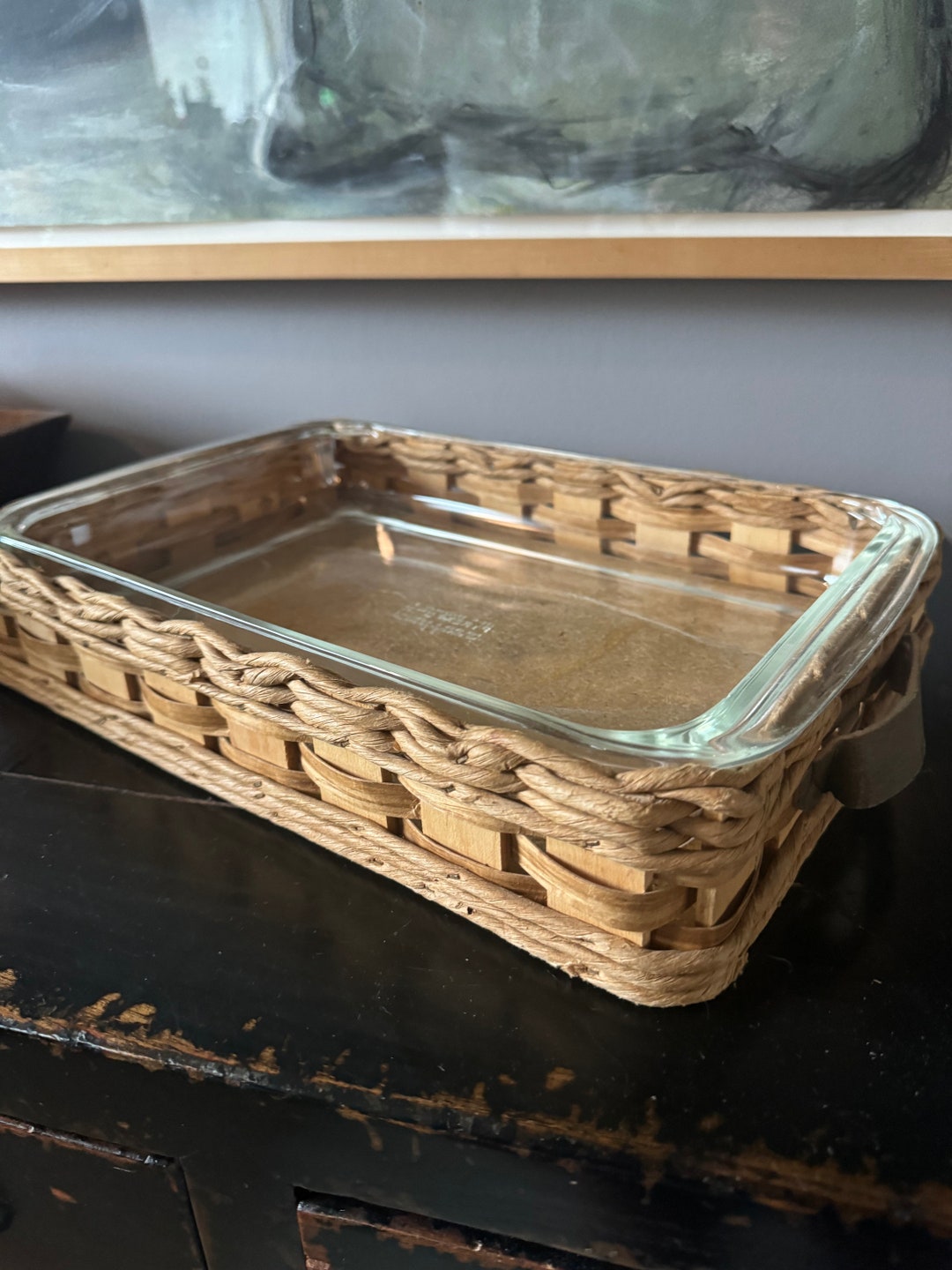 Vintage Pyrex Corning Glass 233 Leather Handle Rectangular Wicker Weave ...