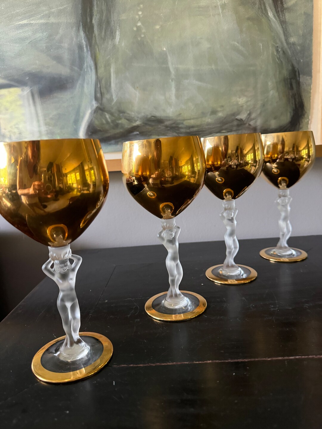 Vintage Bayel Gold Crystal Nude Woman Frosted Wine Glasses Bacchante ...