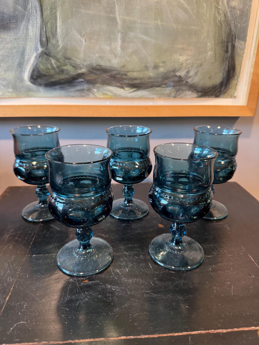 Vintage Kings Crown Water Goblets Blue Indiana Glass Thumbprint Pressed ...