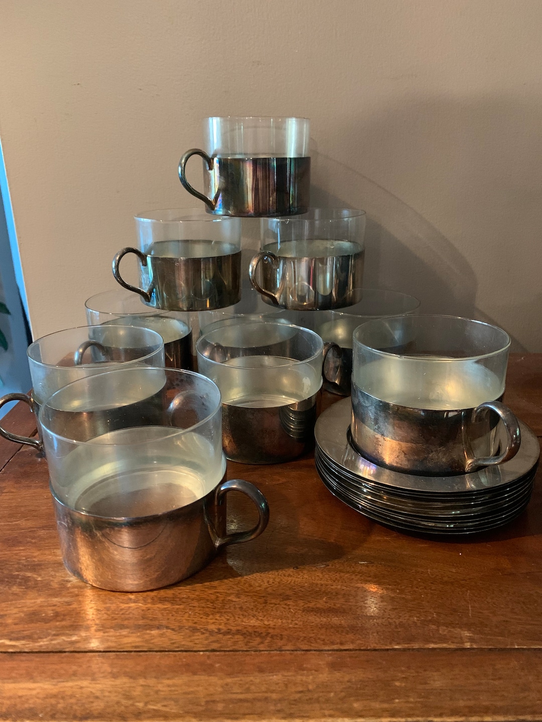 Vintage MCM Silver and Glass Coffee Mugs and Saucers - Etsy