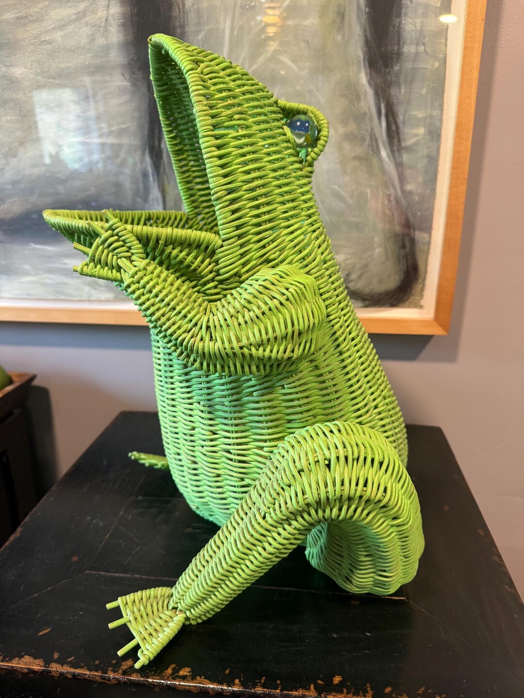 Vintage Large Green Wicker Frog Magazine Umbrella Holder With Glass ...