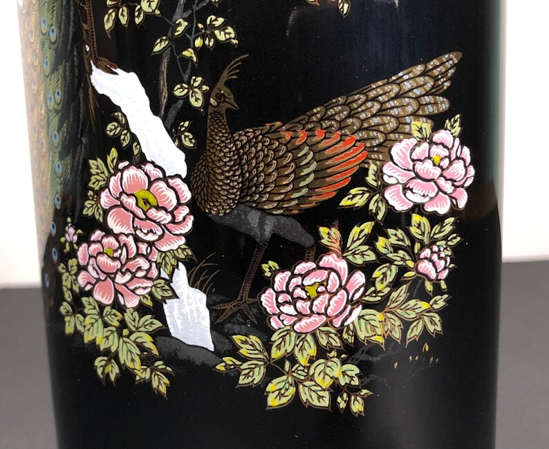 OMC Japan Black and Gold Vase With Peacocks and Flowers - Otagiri Mercantile Company - Seihogama ...