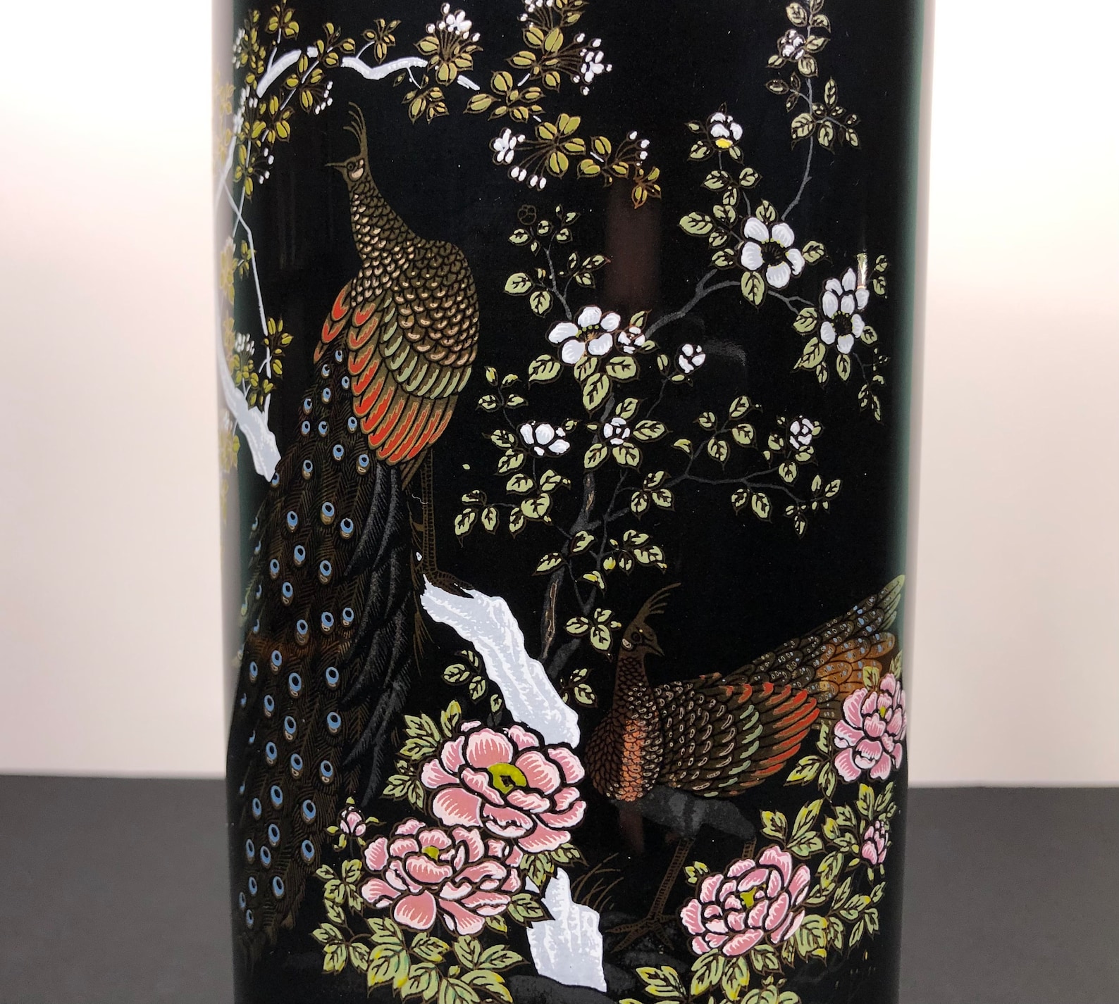 OMC Japan Black and Gold Vase With Peacocks and Flowers - Otagiri Mercantile Company - Seihogama ...