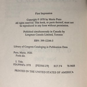 Fools Die (1978) by Mario Puzo - First Impression Vintage Hardback Book ...